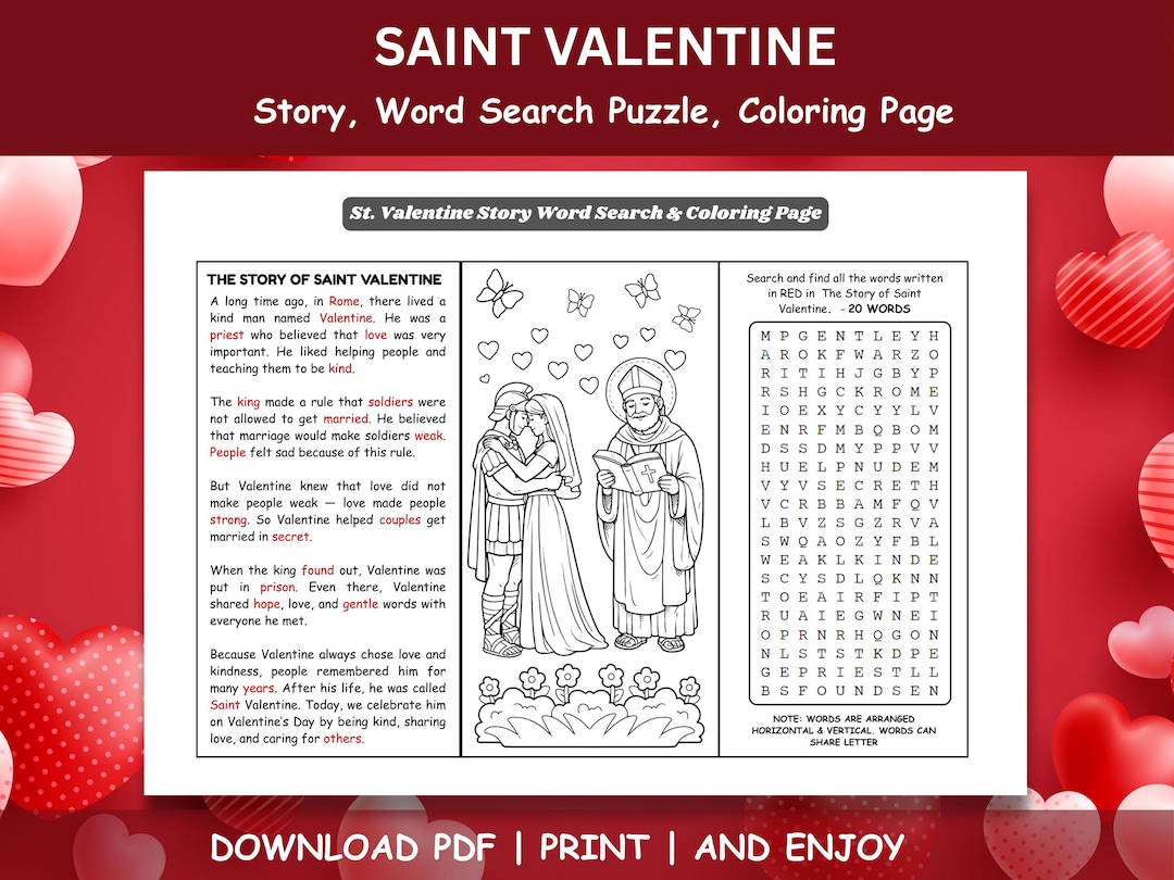 Saint Valentine Story Coloring and Word Search Pages: Catholic Kids ...