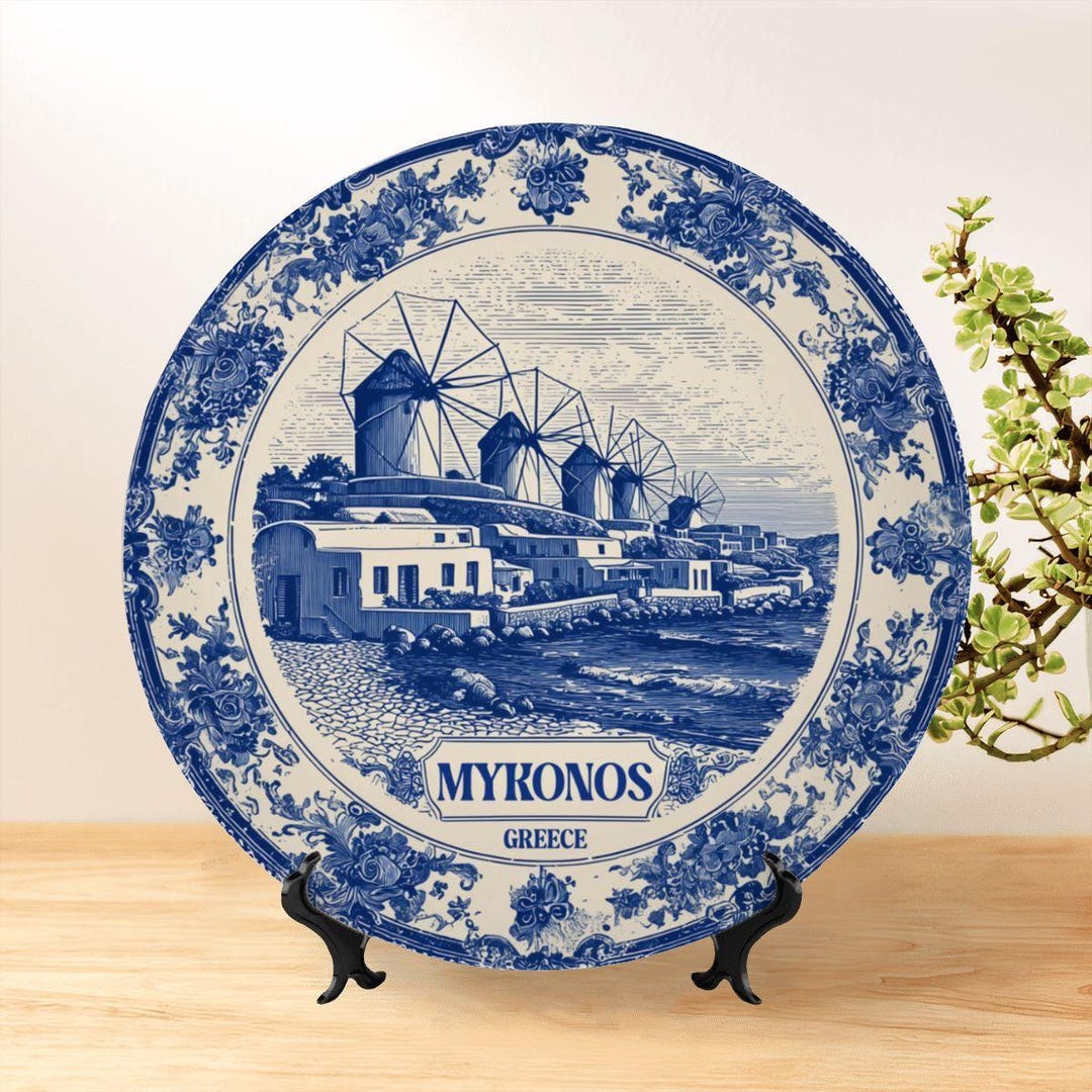 Mykonos Delft Decorative Plate, Greece Vintage Personalized Blue Travel ...