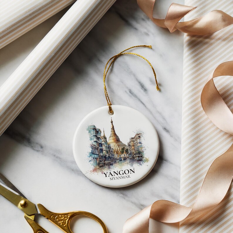 Yangon Myanmar Personalized Watercolor Ornament, Custom Ceramic Christmas Gift, Travel Keepsake ...