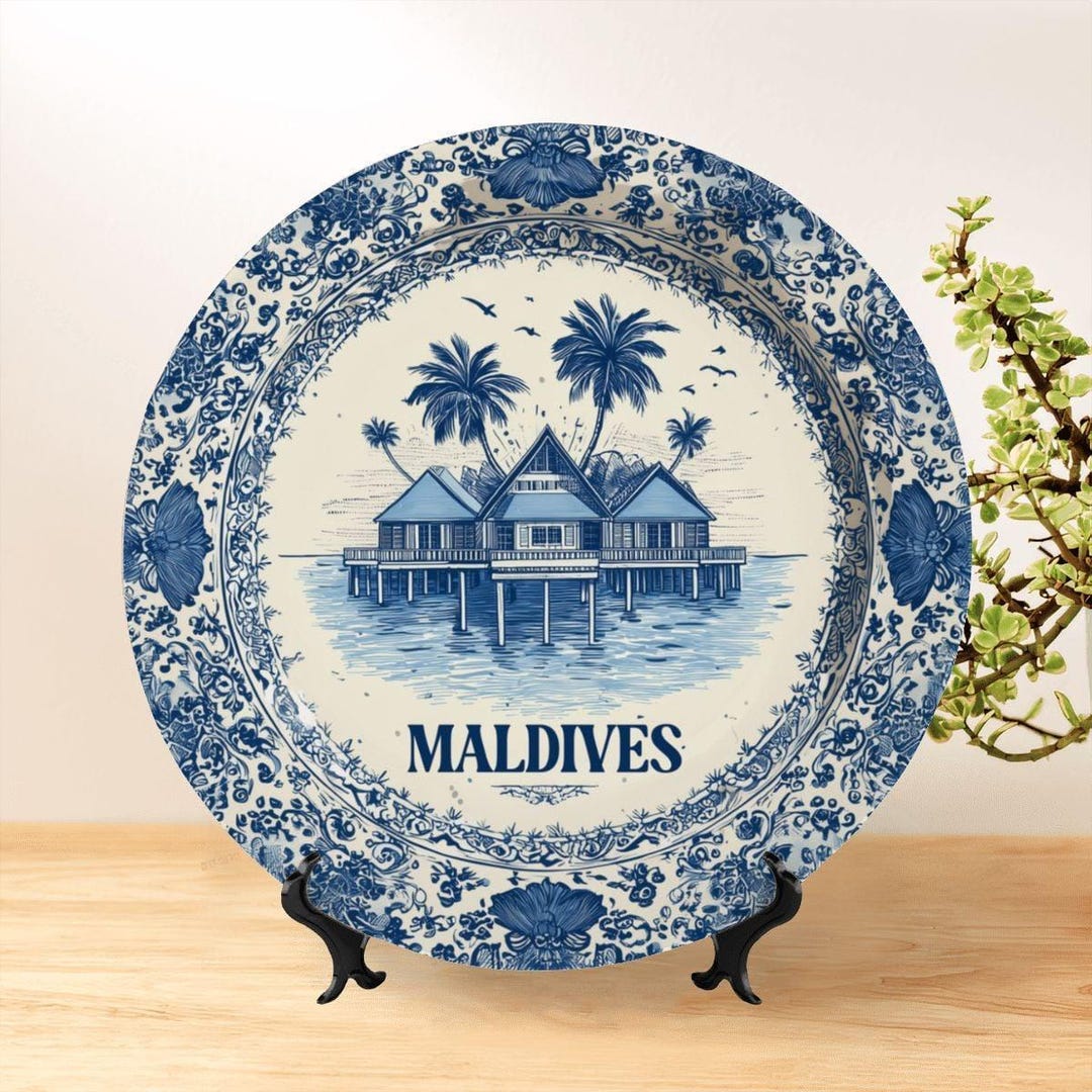 Maldives Delft Decorative Plate, Vintage Personalized Blue Travel ...