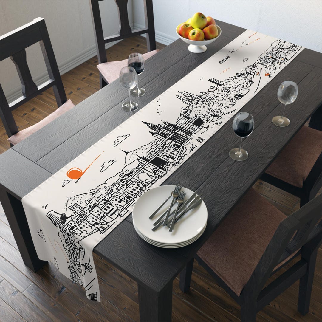 Barcelona Spain Table Runner, Doodle Skyline, Minimal Line Art ...