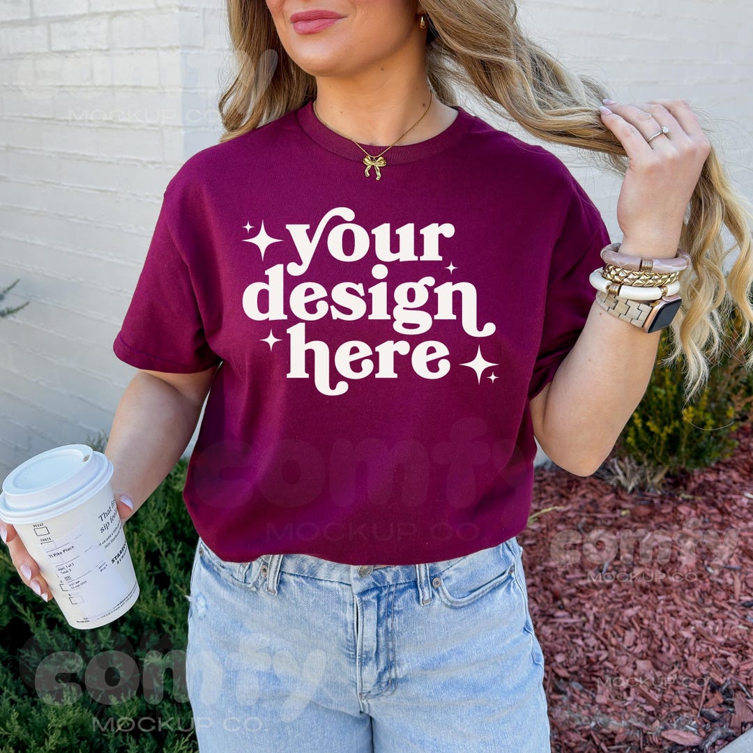 Gildan 5000 Maroon T-shirt Mockup Outdoors, G5000 T Shirt Mock-up, Real ...