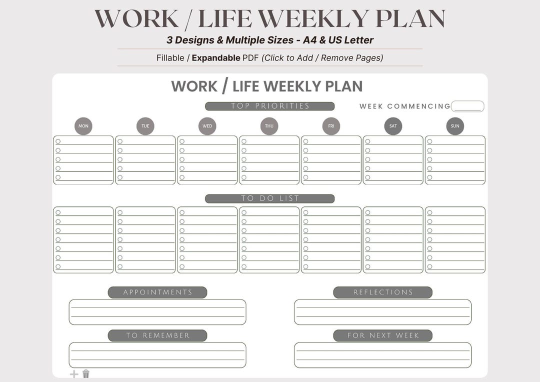 Work Life Weekly Planner | Printable + Fillable PDF | A4 + US Letter ...
