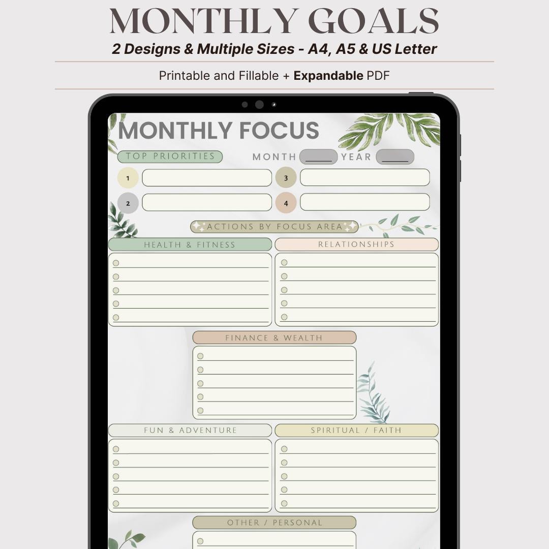 Printable Monthly Goal Planner – Fillable, A4 A5 US Letter - 6 ...