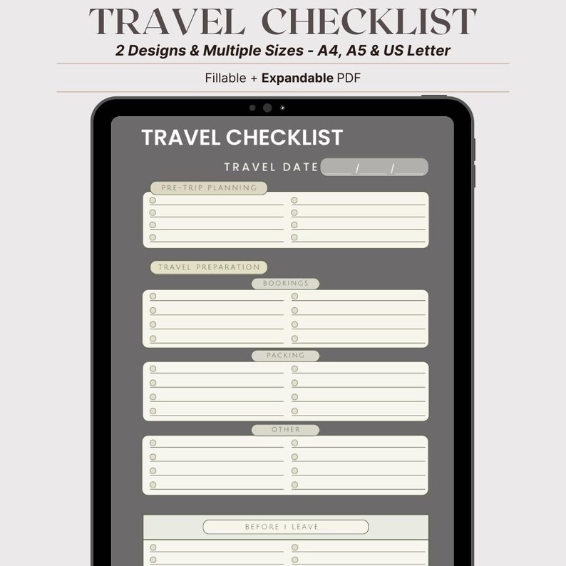 Printable Travel Checklist Template | Fillable Trip Planner (PDF ...