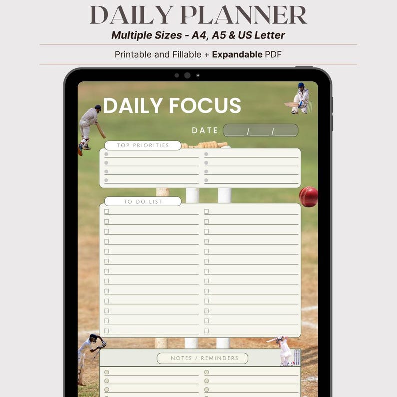 Daily Focus Planner | Printable To-do List, Notes (PDF) - Cricket Theme ...
