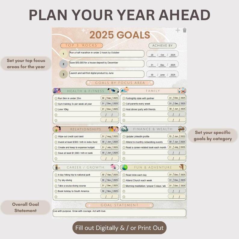 2025 Goal Planner | Printable Life Goals by Category (PDF) - Etsy