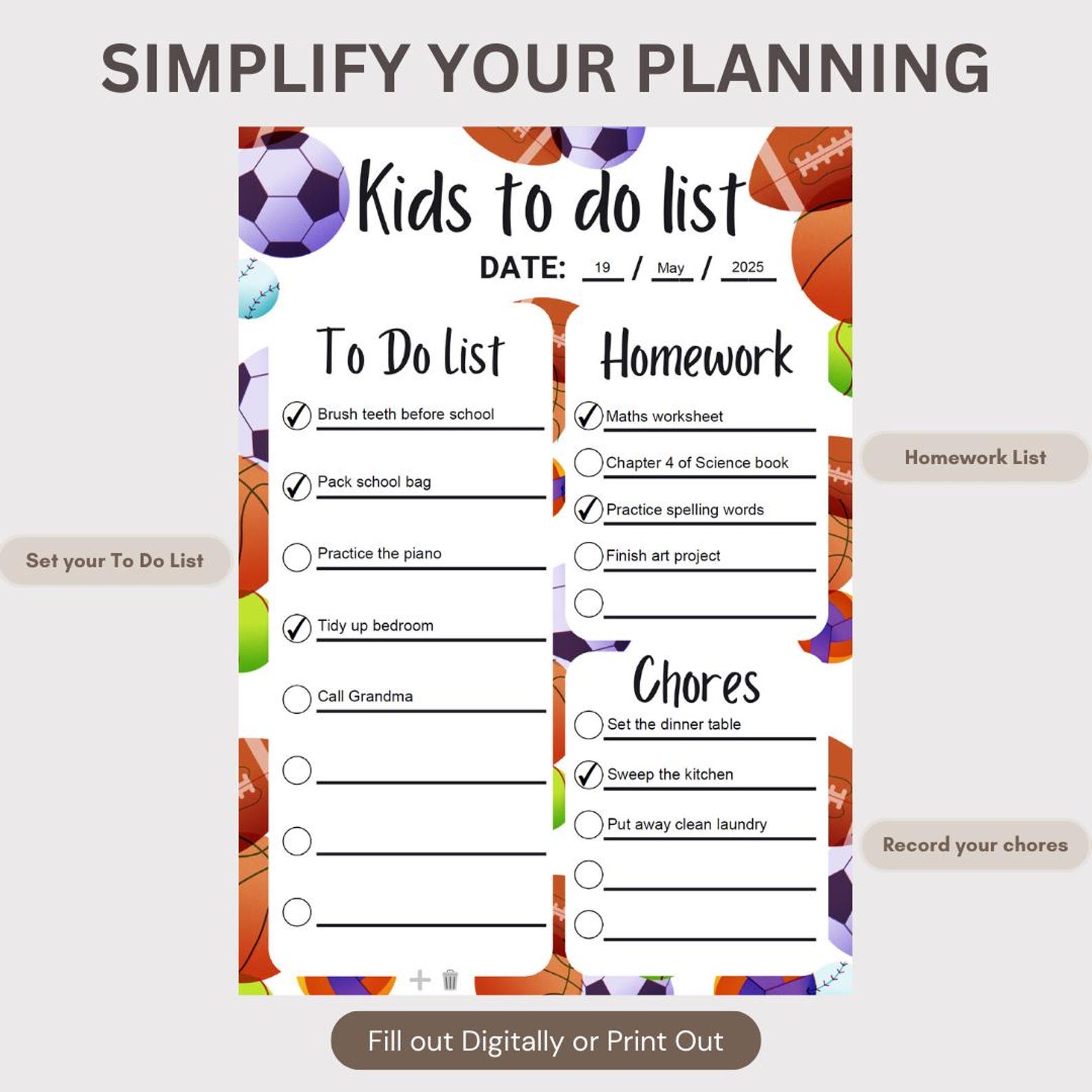 Kids To-do List | Printable Chore Chart, Homework Planner (fillable PDF ...