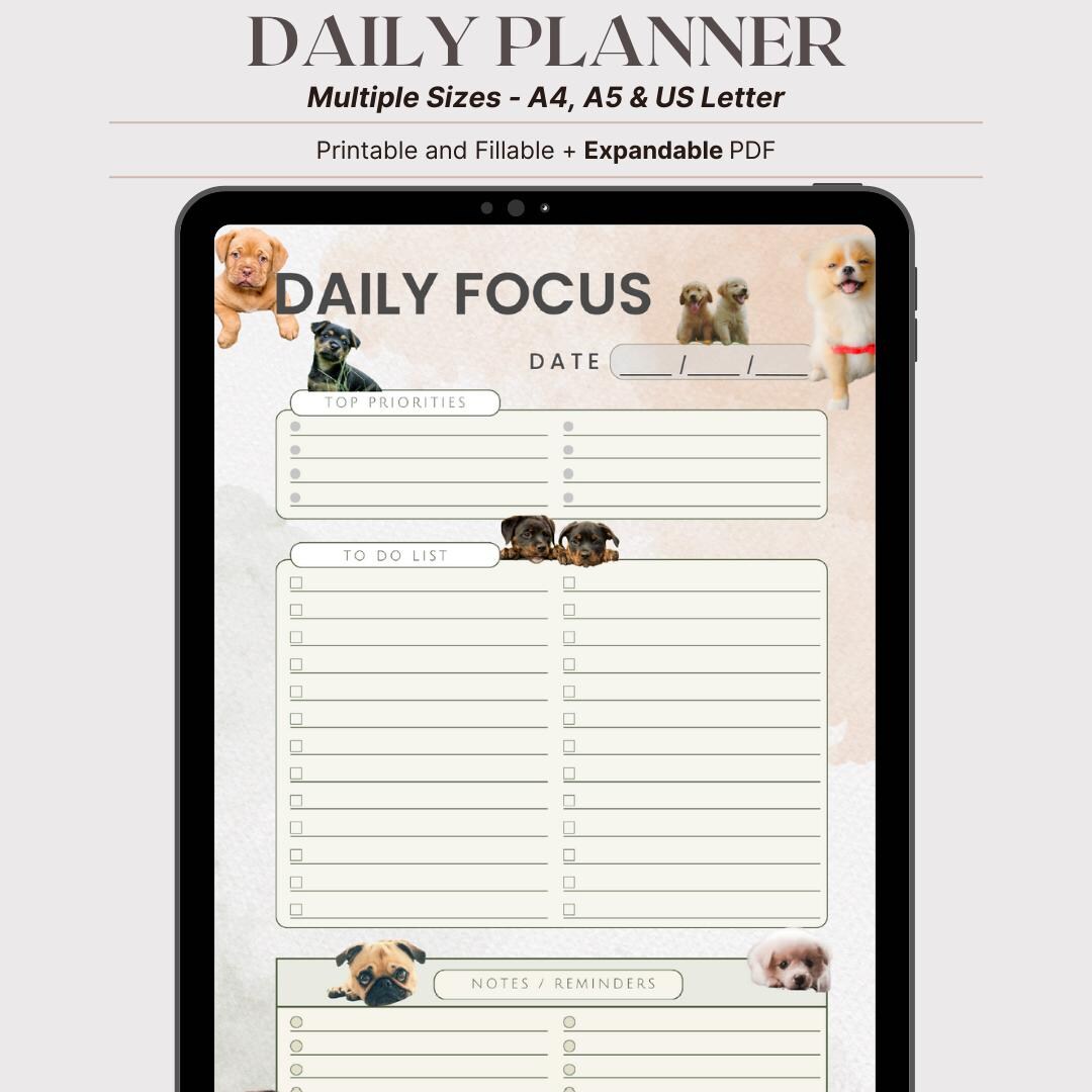 Dog Theme Daily Planner | Printable Fillable PDF (A4, A5, US Letter) - Etsy