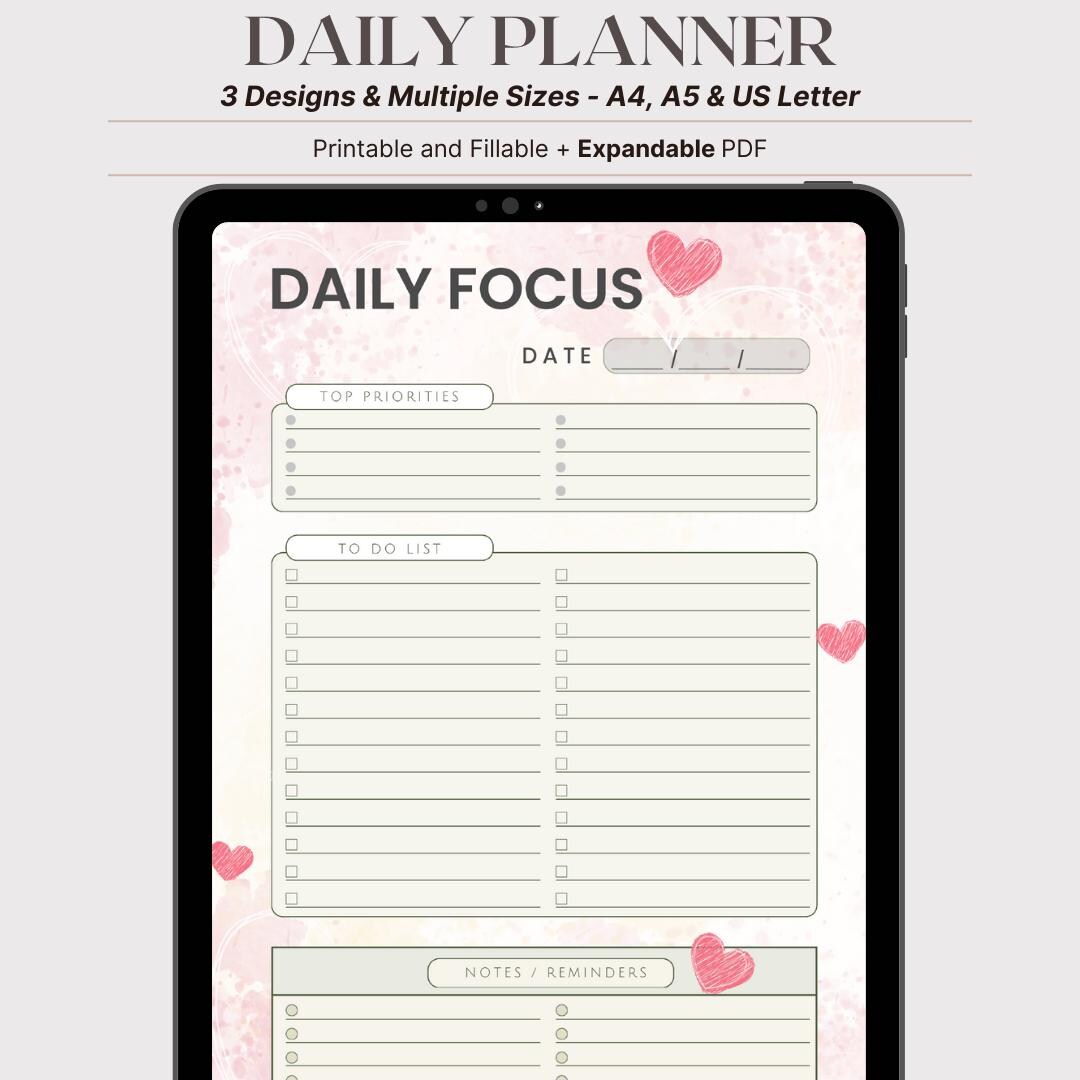 Love Themed Daily Focus Planner | Printable, Fillable PDF | A4, A5, US ...