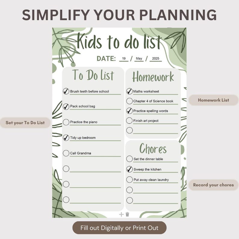 Kids To-do List Template | Printable Chore Chart, Homework Planner ...