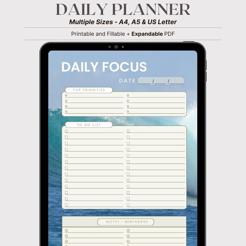Daily Focus Planner | Printable Fillable PDF, Wave Theme (A4, A5, US ...