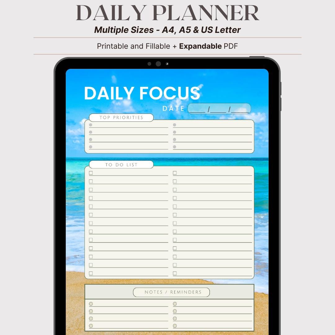 Beach Theme Daily Focus Planner | Printable Fillable PDF - Etsy