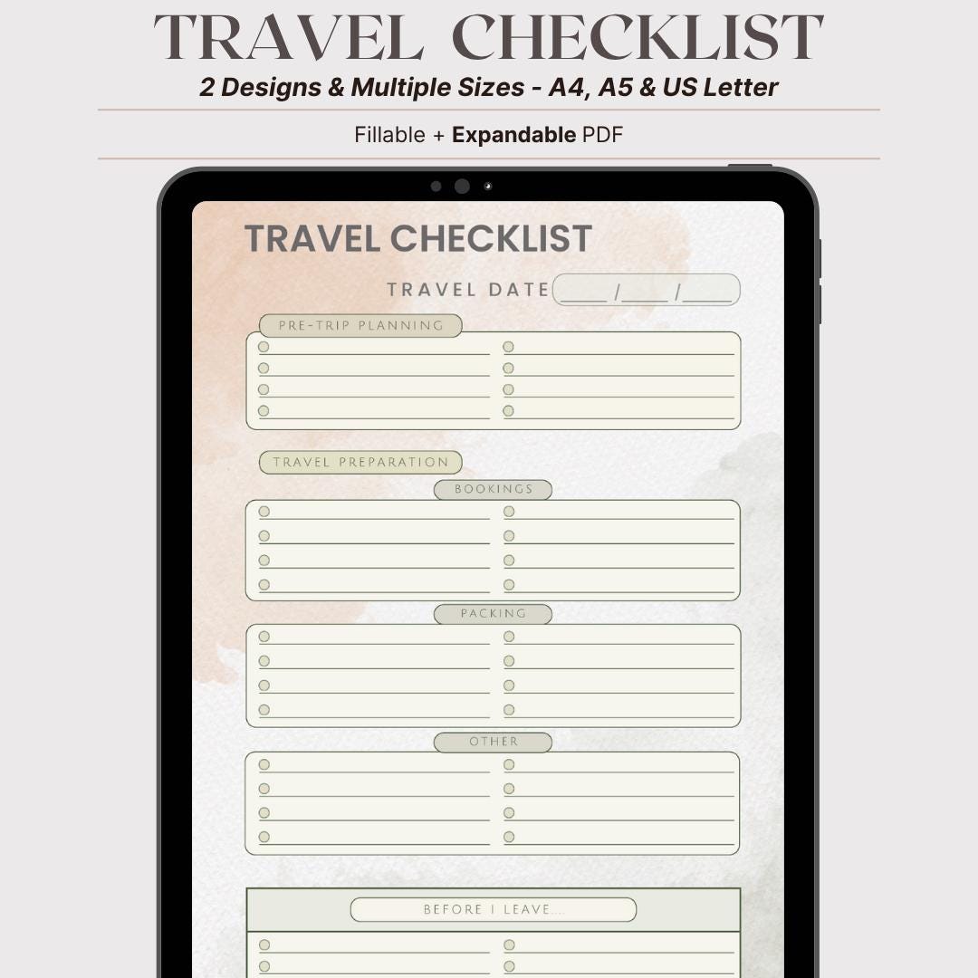 Travel Checklist Template | Printable & Fillable Pre-trip Travel ...