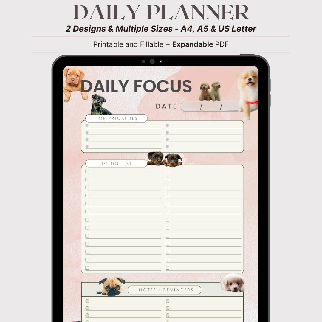 Dog Theme Daily Planner | Printable Fillable PDF, A4 A5 US Letter - Etsy