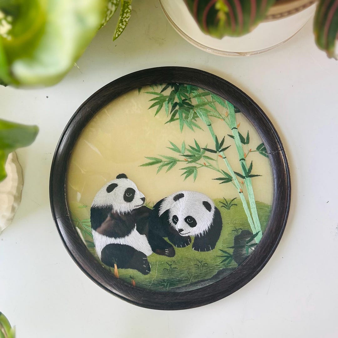 Vintage, Suzhou Chinese Embroidered Silk Panda Wall Decor, Boho, Mid ...