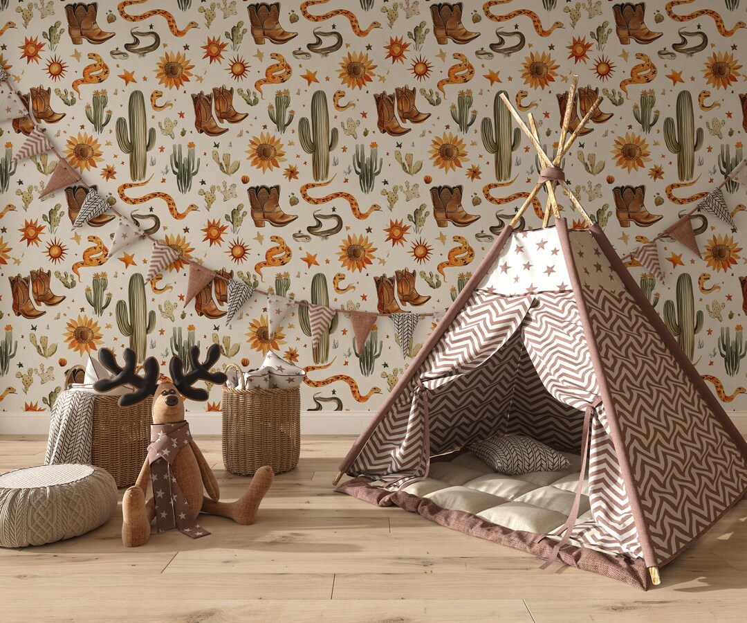 Western Desert Peel and Stick Wallpaper: Cactus, Sunflowers, Cowboy ...