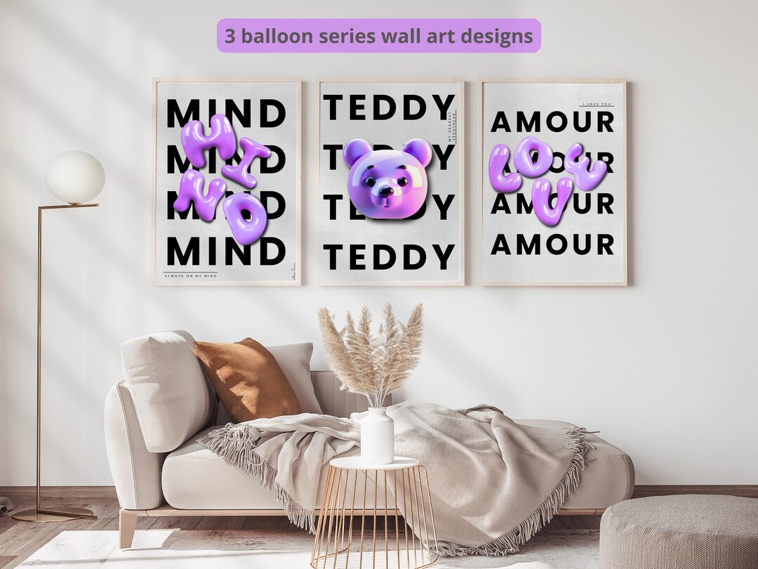 Glossy Balloon Poster Set – Purple Y2K Wall Art (3 Prints) | Digital ...