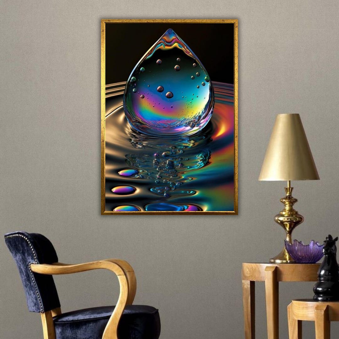 Modern Abstract Water Drop Canvas Print, Gold Frame Water Reflection ...