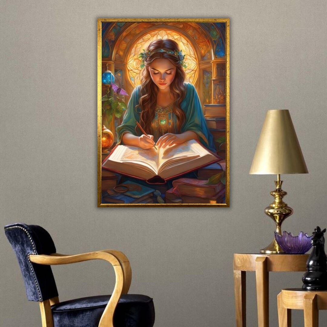 Whimsical Illustration of a Woman Writing in a Mystical Setting ...