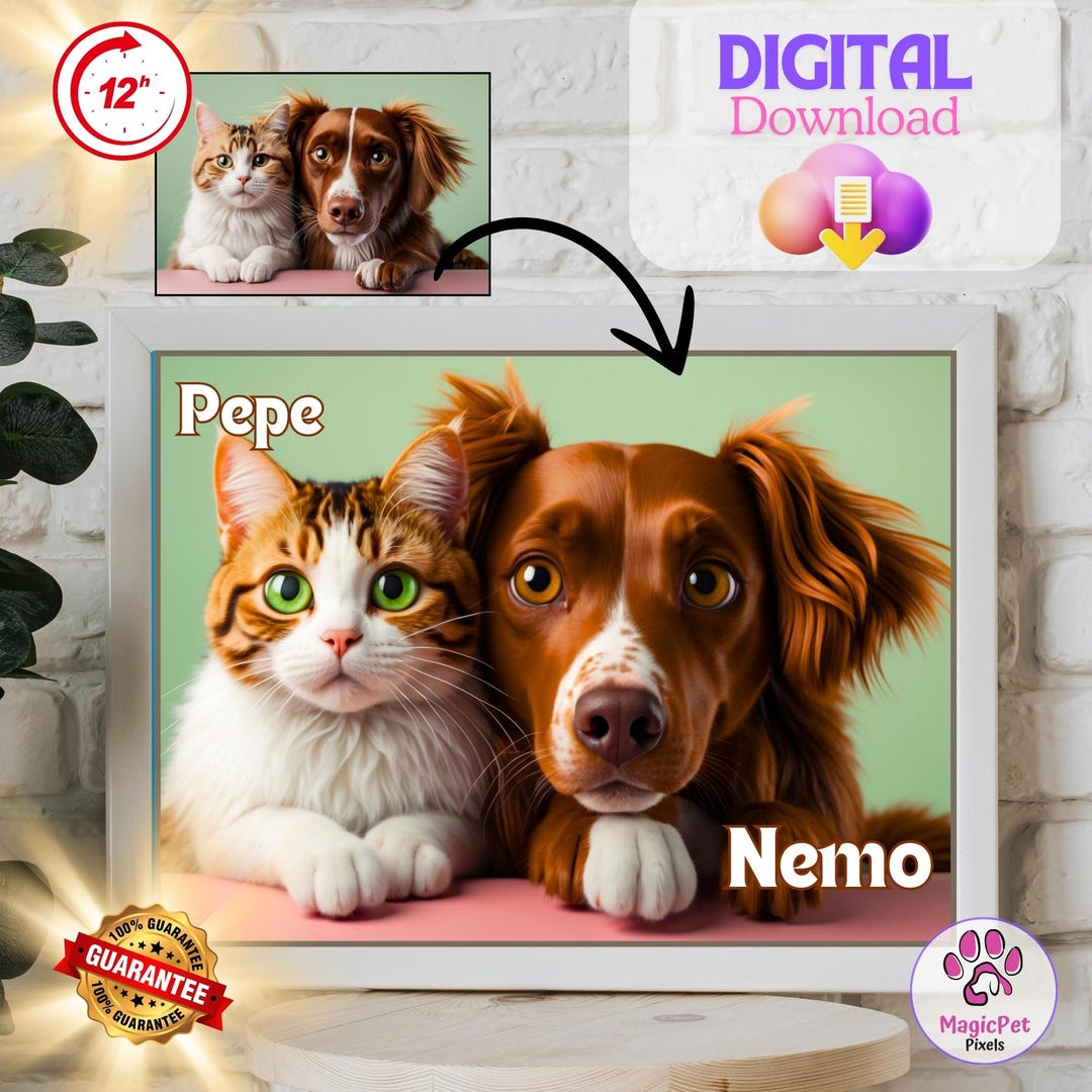Custom Cartoon Dog Cat Portrait, Cartoon Cat Dog Portrait, Wall Art for ...