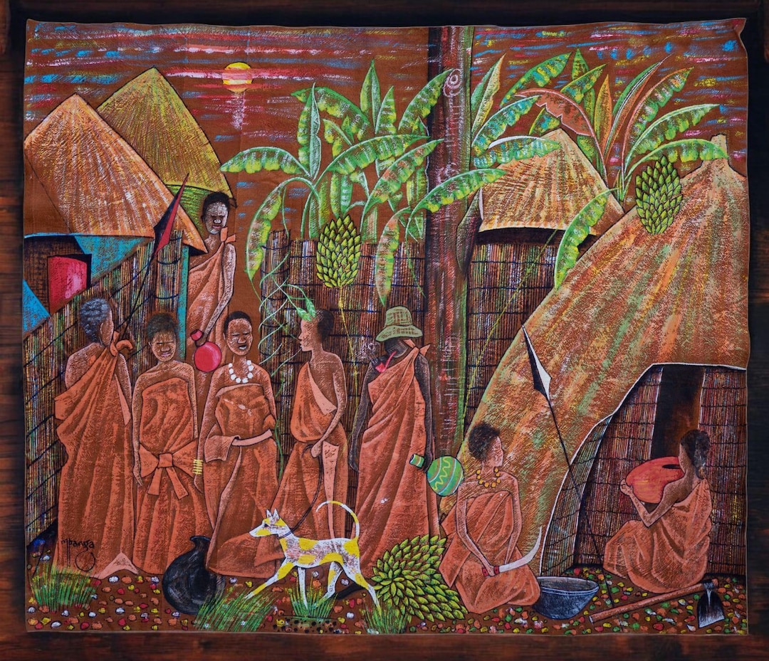 Ugandan Village Life Painting on Bark Cloth | Traditional African Art ...