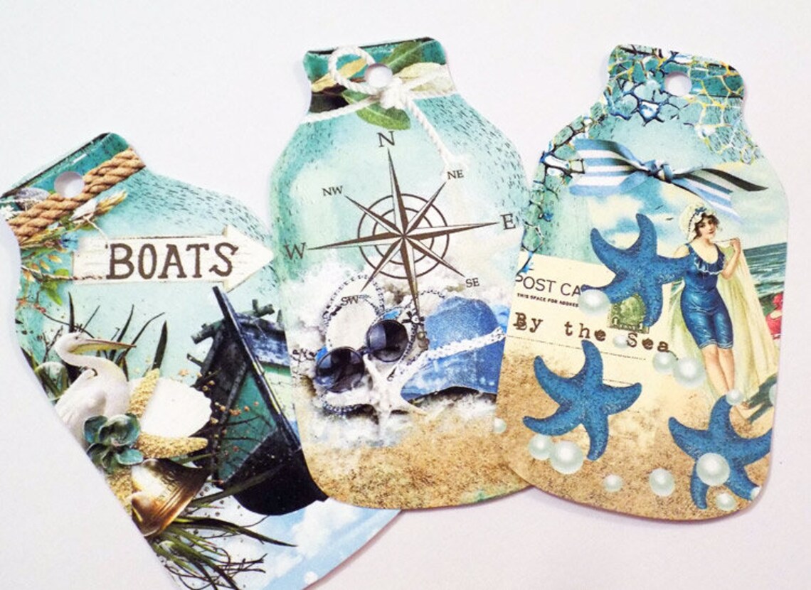 Beach Bottle Tags-set of 6-beach Theme Sand and Shells-beach Glass-card ...