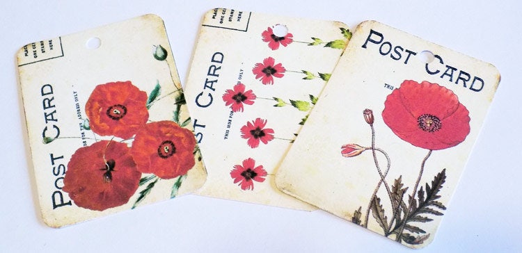 Red Poppy Tags-set of 6-red Flower Tag-postcard Poppies Garden Tagss ...