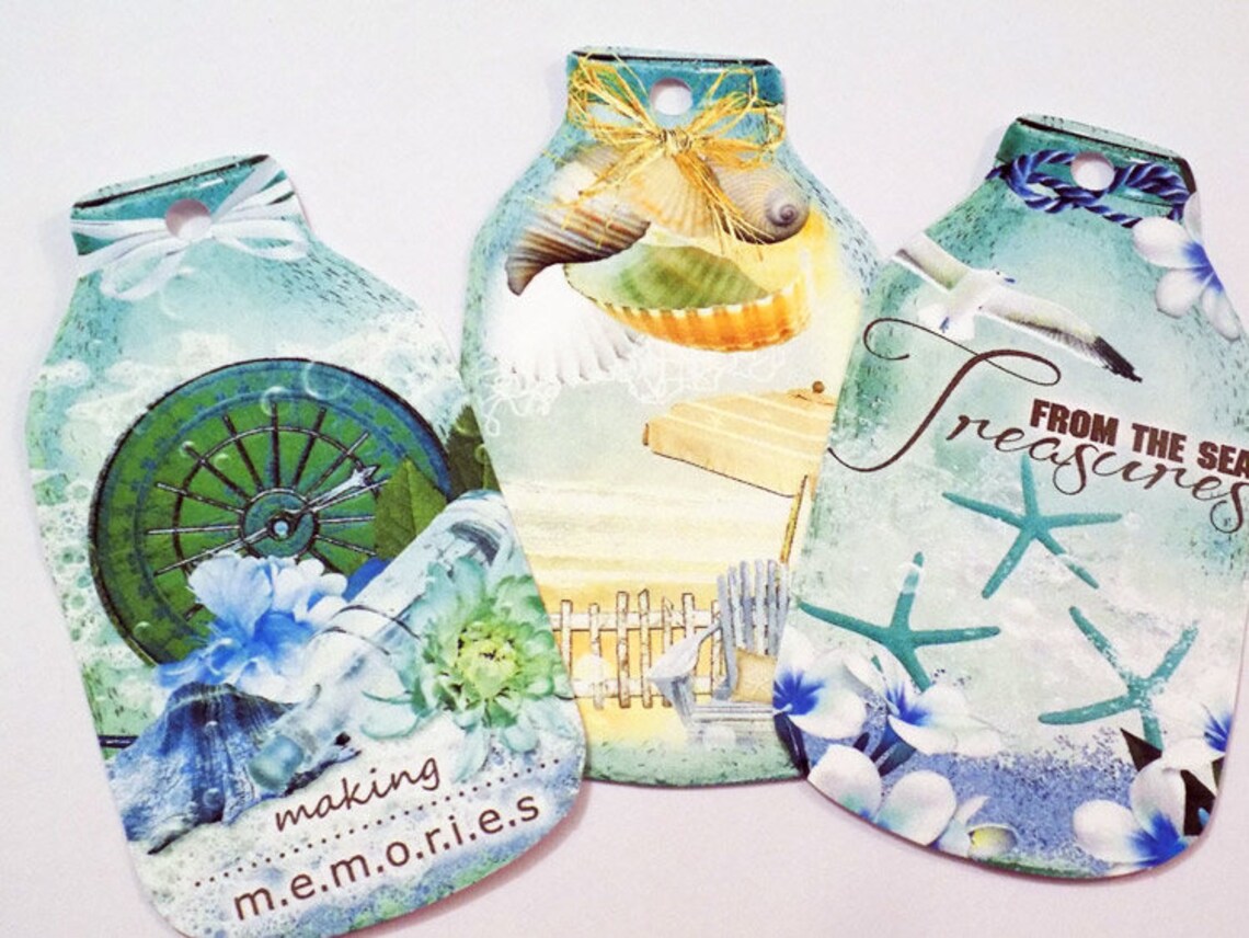 Beach Bottle Tags-set of 6-beach Theme Sand and Shells-beach Glass-card ...