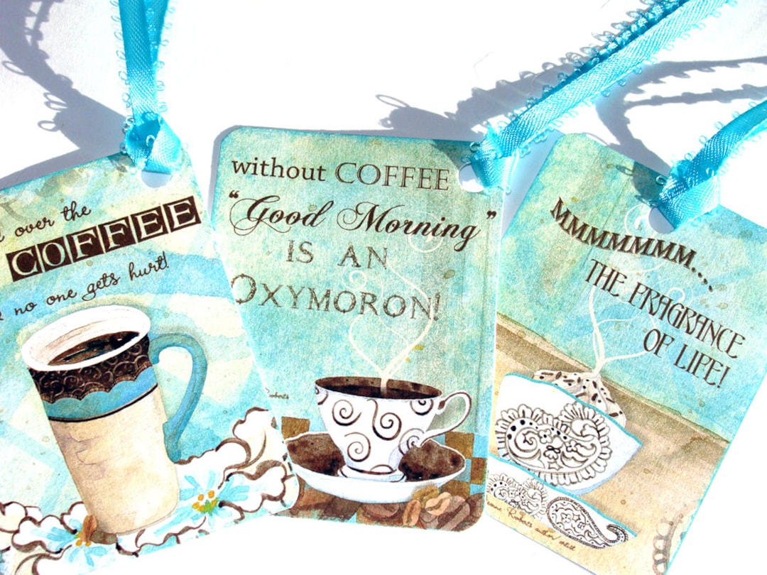Coffee Tags-set of 6-blue and Brown-modern Stylecoffee Humor-coffee ...