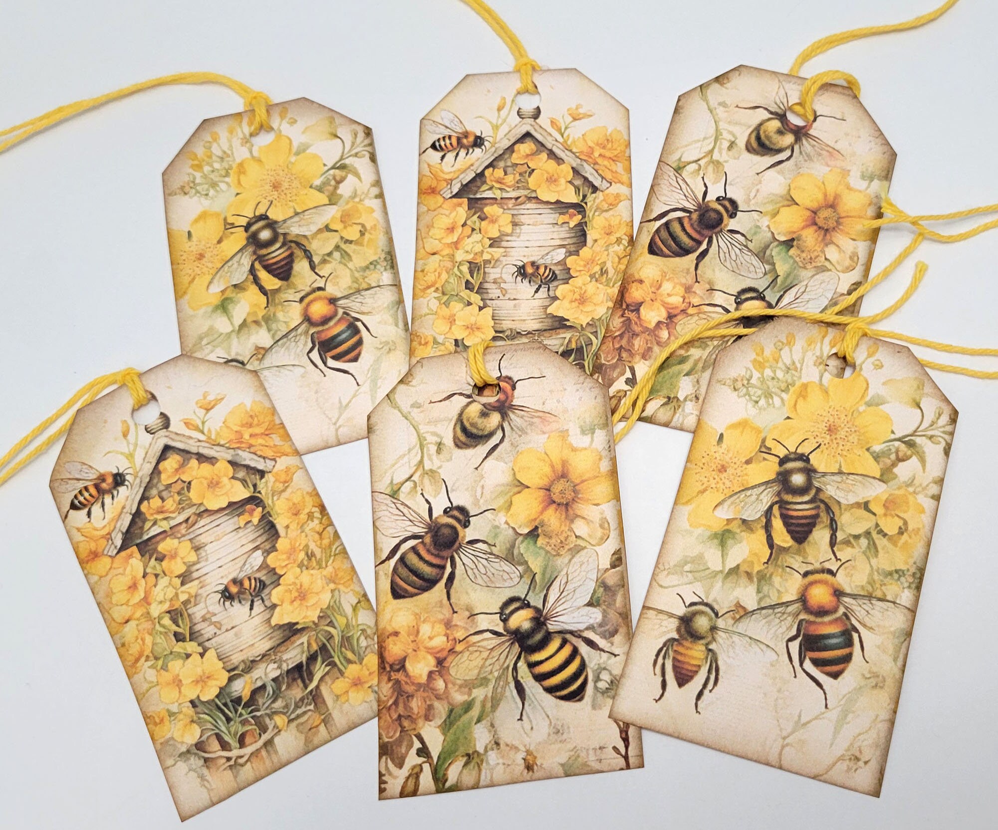 Honeybee Tags-set of 6-insect Tags-garden Tags-yellow Flowers-cottage ...