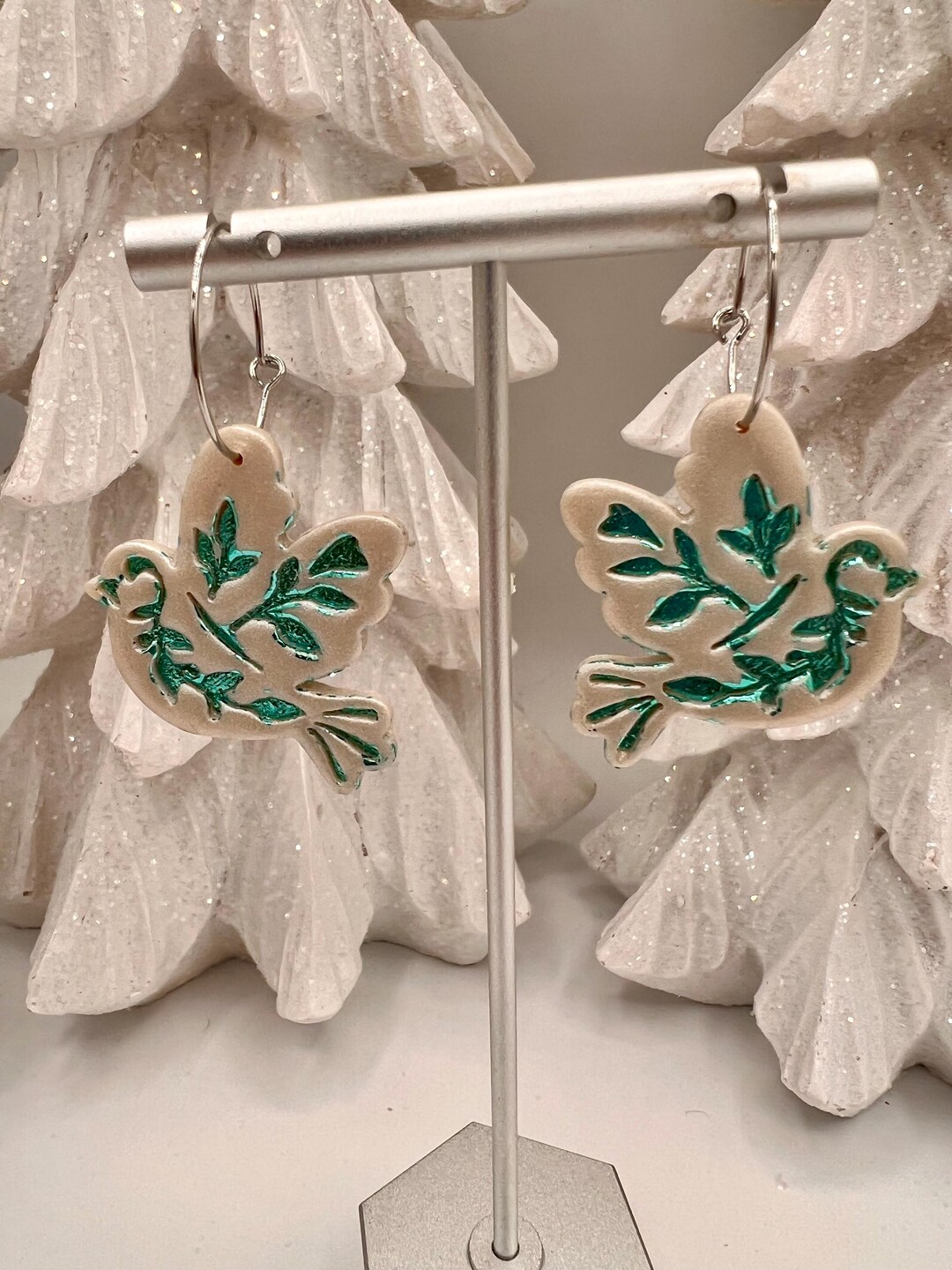 Pearly White Dove Polymer Clay Hoop Earrings – Teal Foil Leaf Design ...