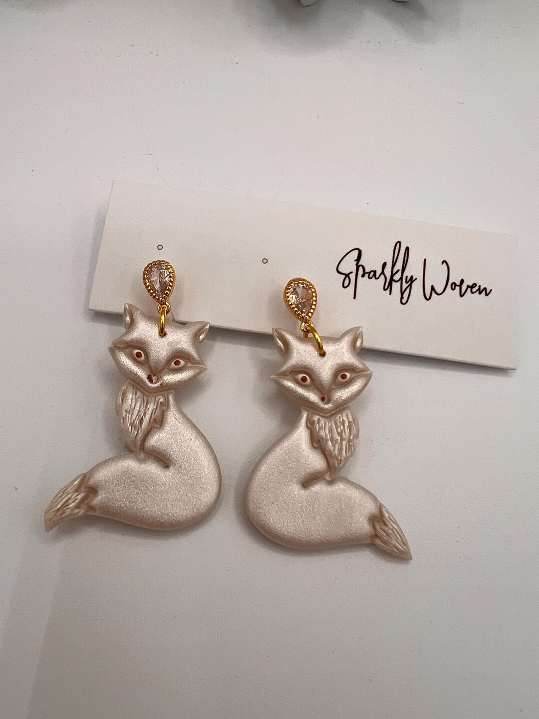 Pearly Arctic Fox Polymer Clay Clip-on Earrings • CZ Teardrop Clip-ons ...