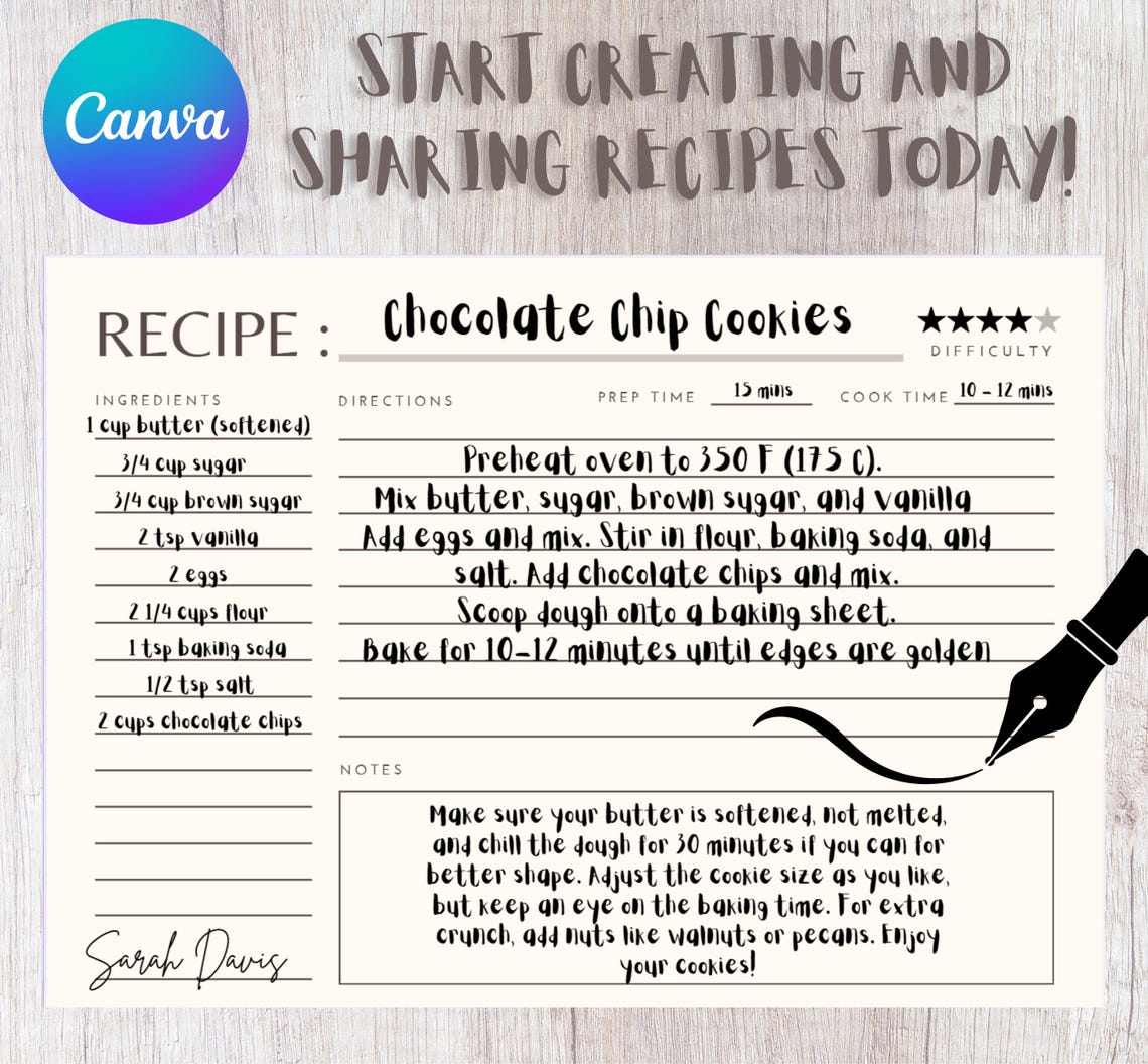 Printable Recipe Cards , Recipe Card Canva Template, Modern Recipe Card ...