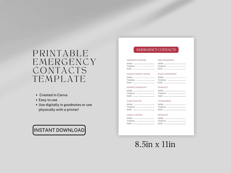 Emergency Contact List Printable: Family Info Sheet (8.5x11in Digital ...