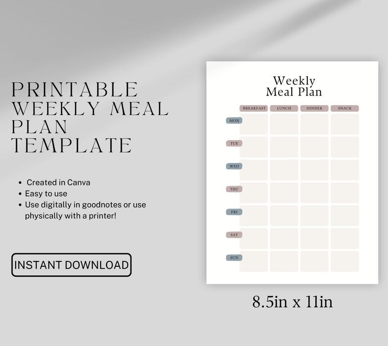 Meal Plan Template PDF Printable Weekly Menu Diet Chart Kitchen Guide ...