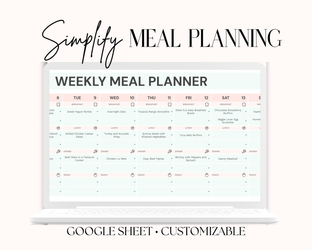 Weekly Meal Planner Google Sheets Template Digital Download Etsy