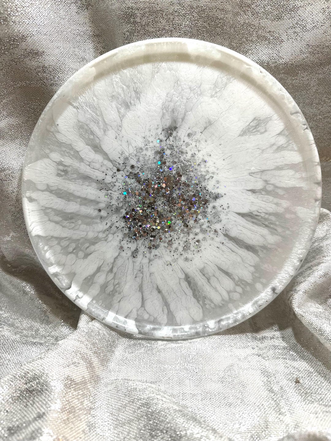 Blingy Round Resin Serving Tray With Splashes of White and a Sparkling ...