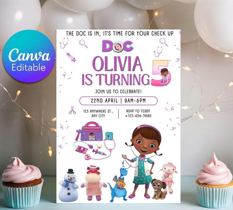 Editable Doc Mcstuffins Birthday Invitation Kids Party Invite digital Editable Doc Mcstuffins Birthday Invitation Kids Party Invite digital