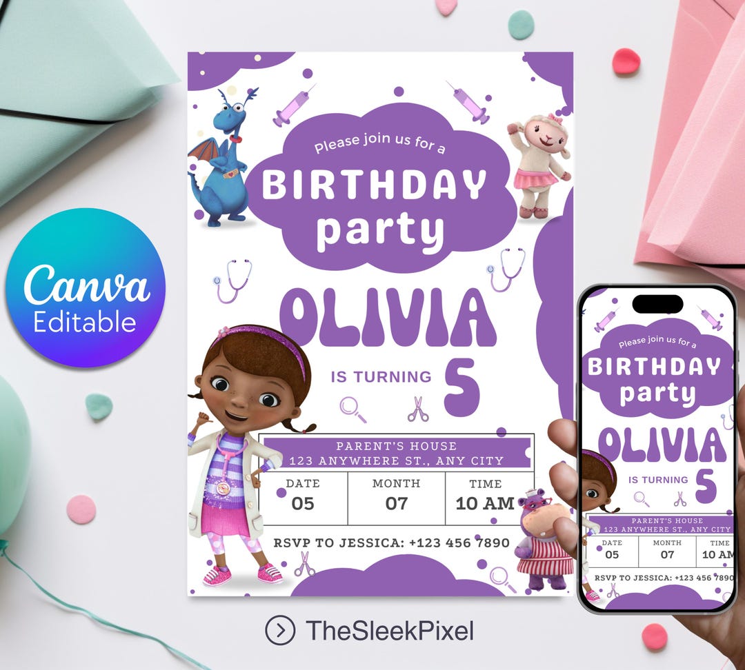 Doc Mcstuffins Birthday Invitation: Editable Kids Party Invite (digital ...