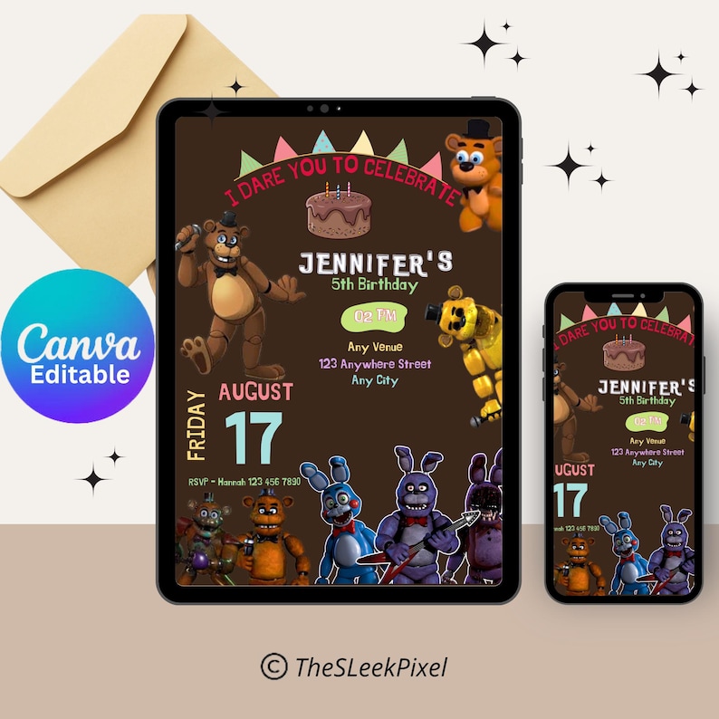 Editable Five Nights at Freddys Birthday Invitation Template, Girl FNAF ...