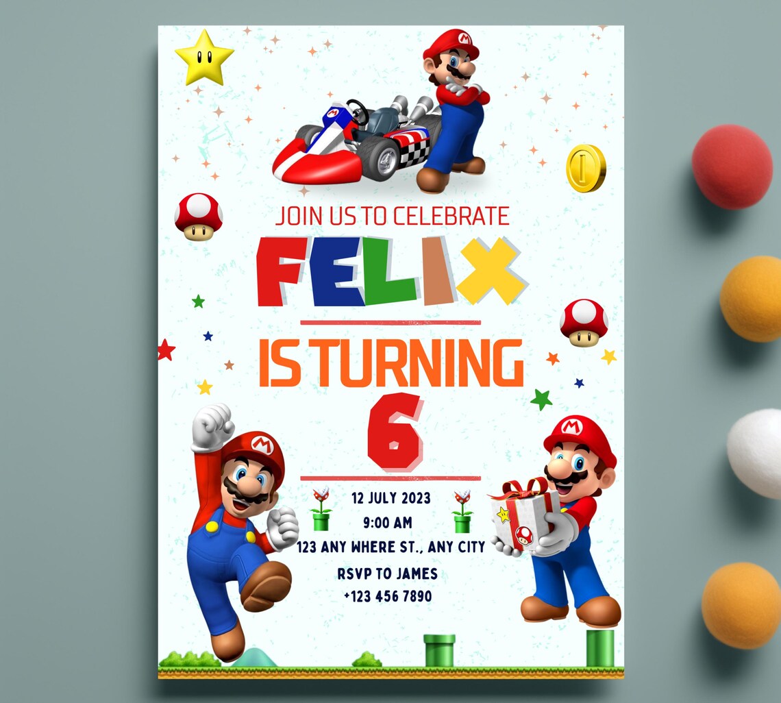 Super Mario Birthday Invitation, Mario Bros Birthday Invitation, Mario ...