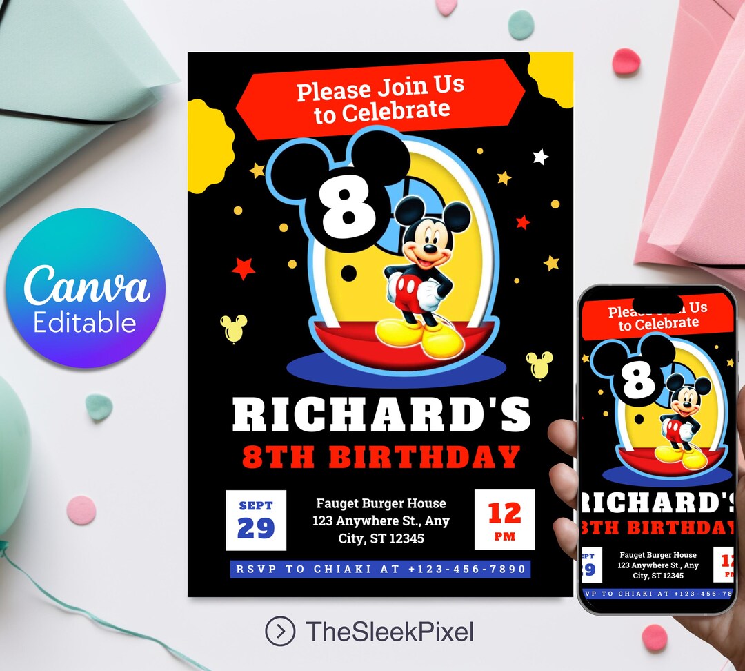 Editable Mickey Birthday Invitation, Kids Digital Birthday Invitation ...