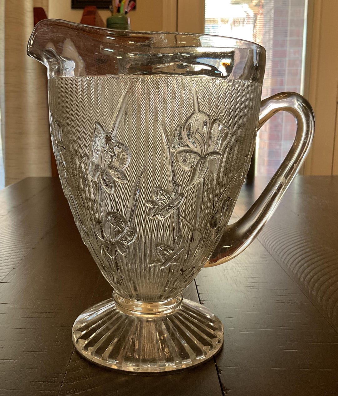 Depression Glass Pitcher, Iris and Herringbone by Jeannette - Etsy