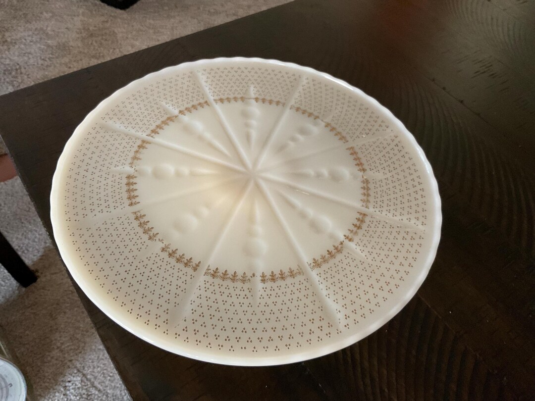 Vintage Low Cake Stand, Gold Decorated Milk Glass Collection by Anchor ...