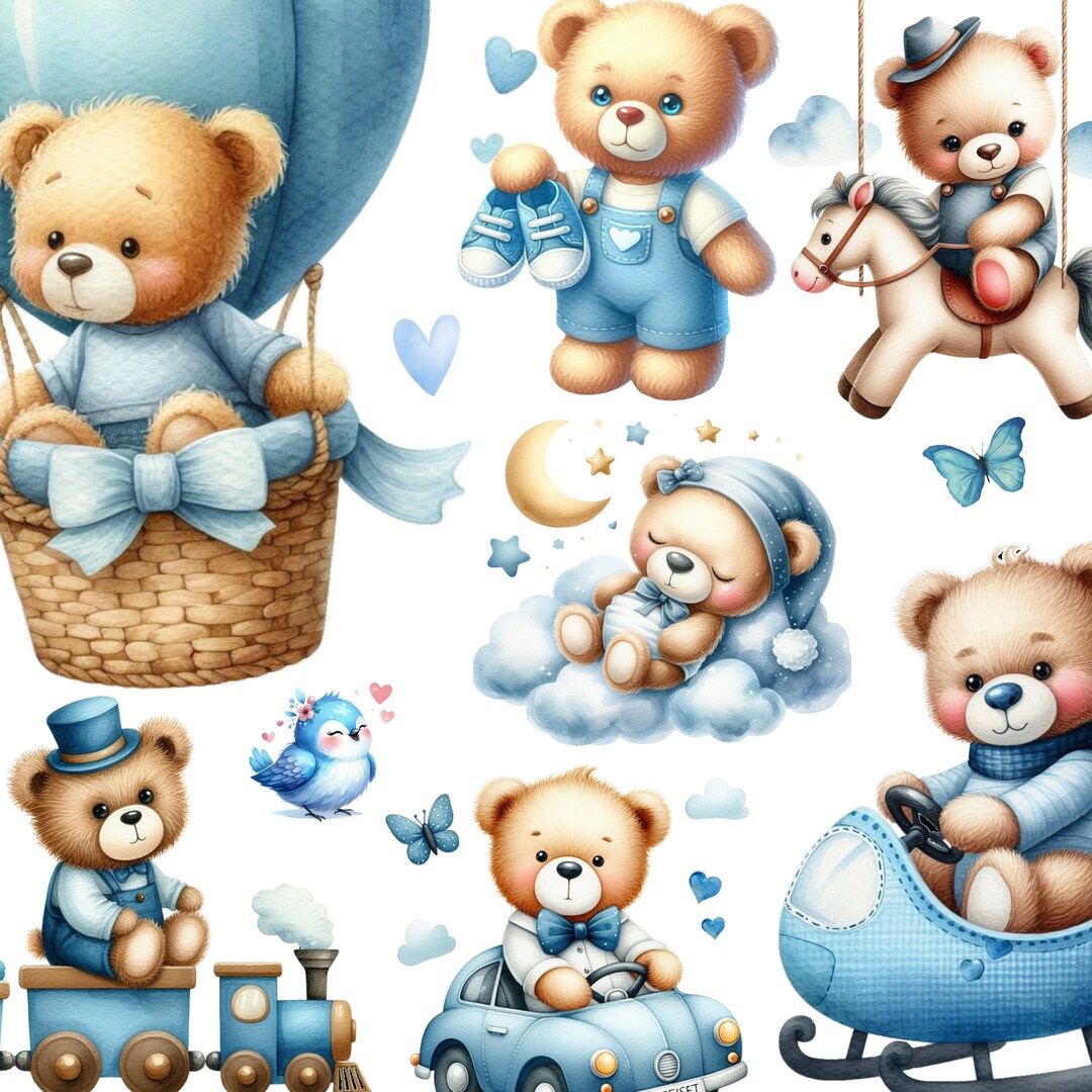 36 Watercolor Blue Teddy Bear Boy in Blue, Birthday Bear Clipart, Blue ...