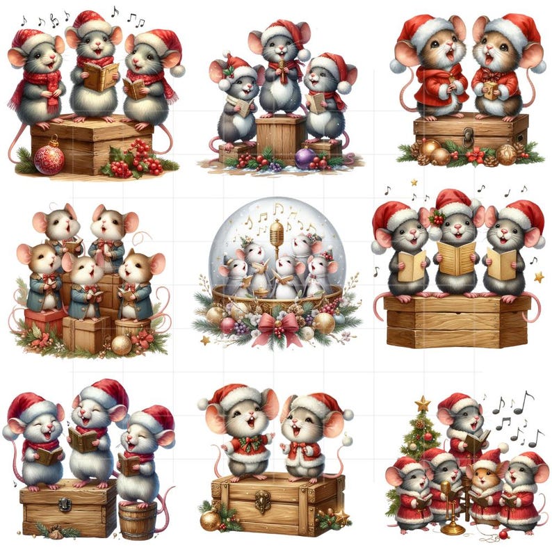 42 Watercolor Christmas Carol Mice PNG, Cute Holiday Singing Mouse ...
