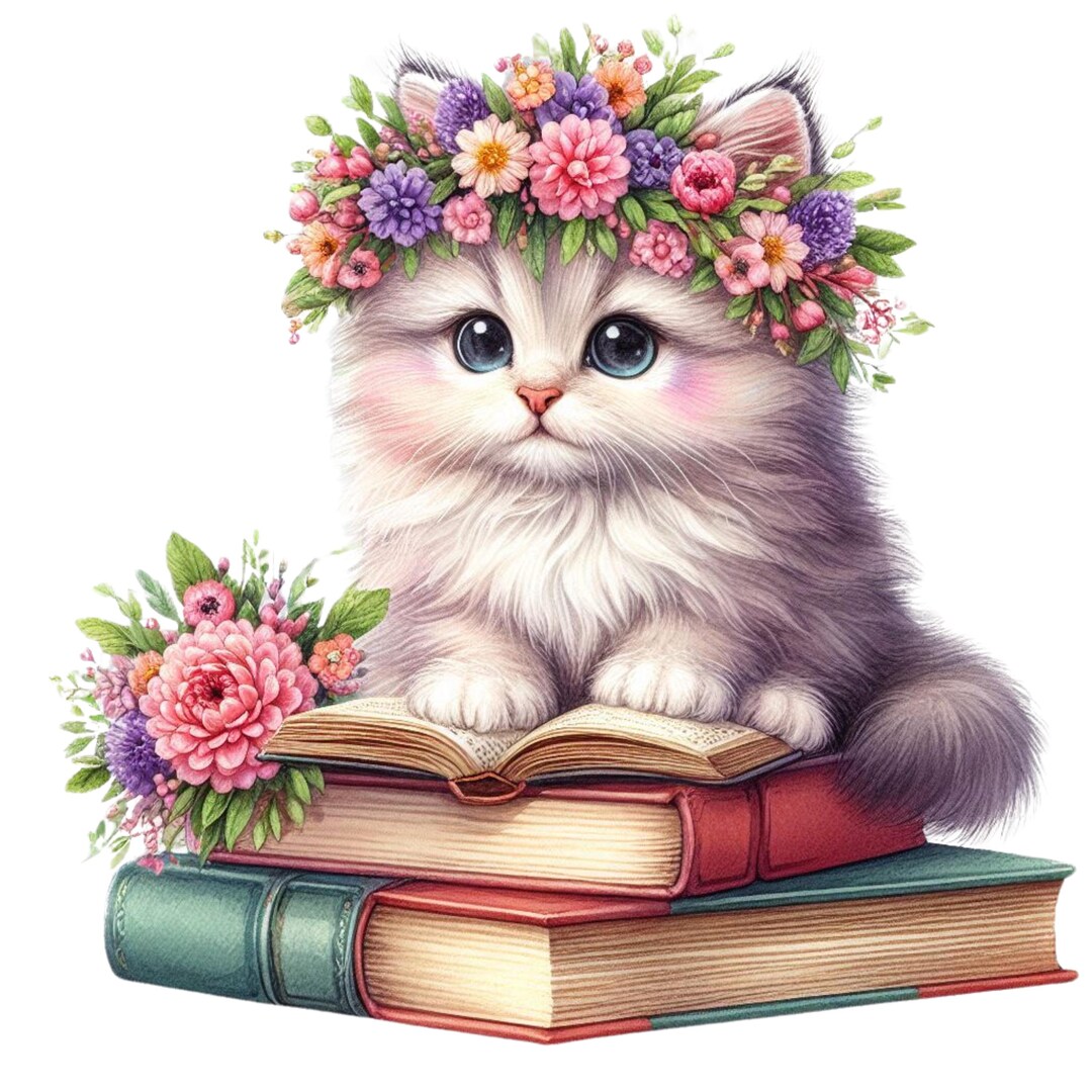 12 Watercolor Cat Sitting on Books Clipart, PNG Transparent Background ...