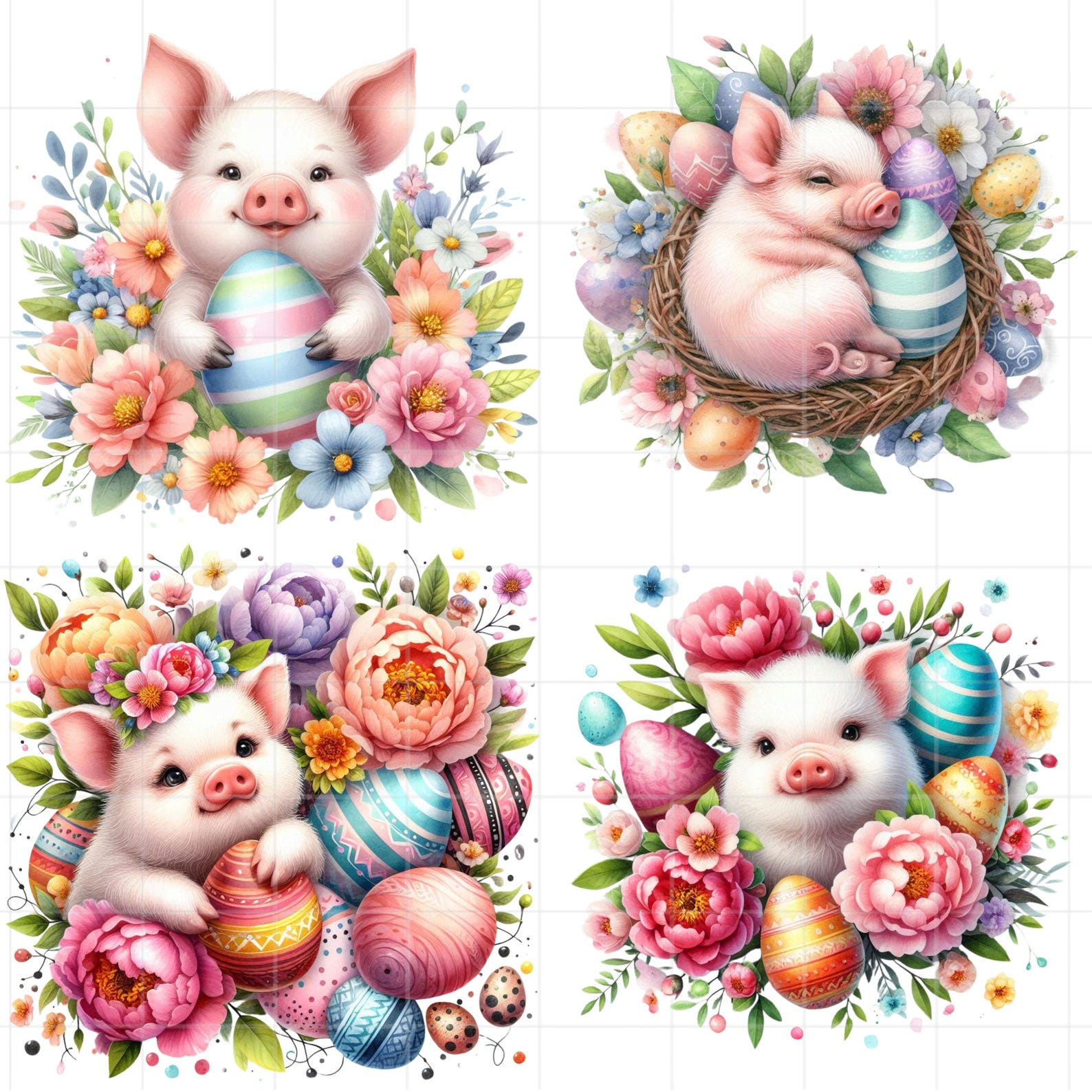 30 Watercolor Easter Pig With Easter Eggs & Flowers | Transparent ...
