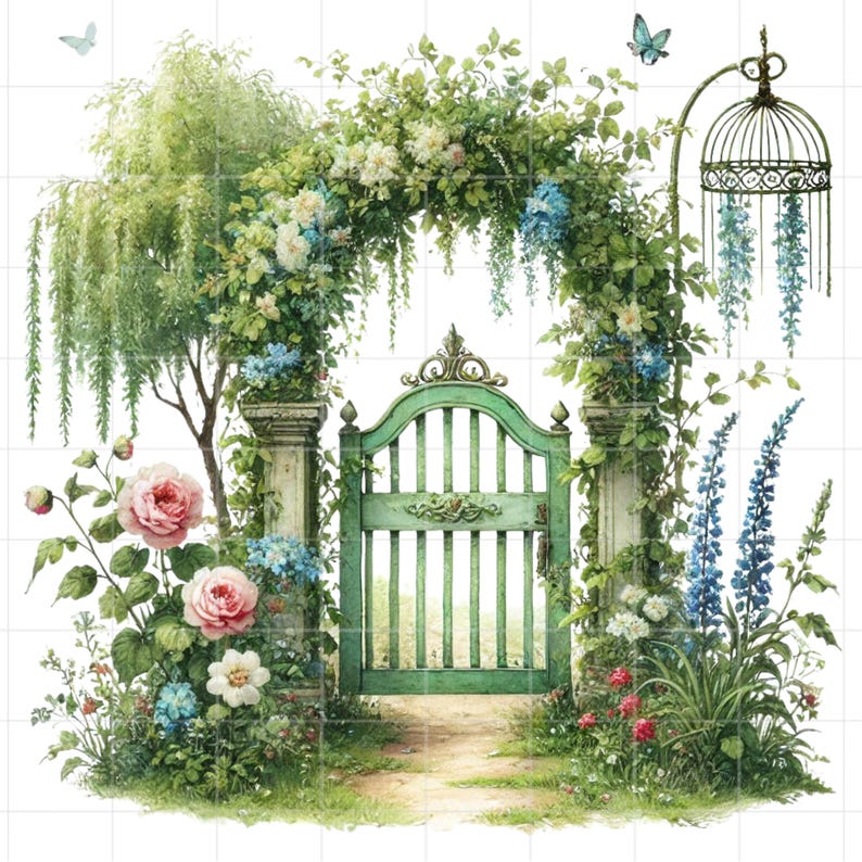 14 Watercolor Spring Flowers Gate, Digital Download PNG, Transparent ...